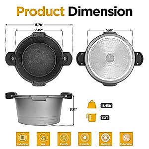 5 Quart Pasta Pot with Strainer Lid, Multipurpose Stock Pot Spaghetti Pot, PFOA free, Three-layer Non-stick coating, Dishwasher Safe, Tempered Glass Lockable Lid, Cast Aluminium, Grey