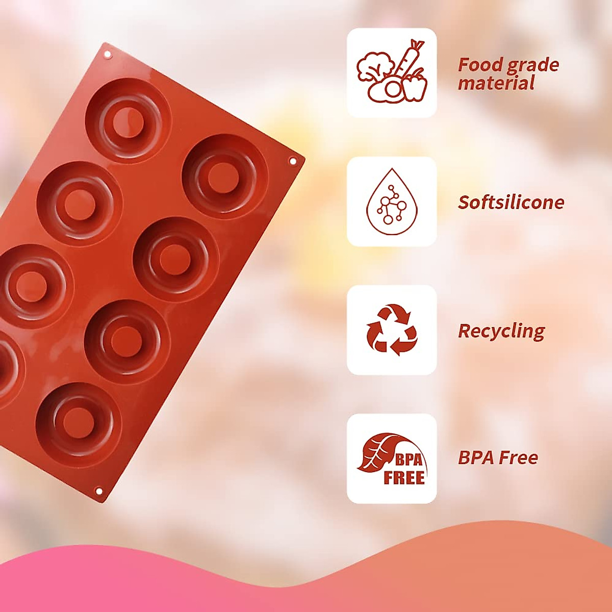 Donut Mold Silicone for Baking Donut Pan Non-stick Large Molds 8 Cavity Doughnut Baking Tray BPA Free and Dishwasher Safe, Non-stick Silicone Baking Pan for Making Muffin Cakes, Tart, Bread