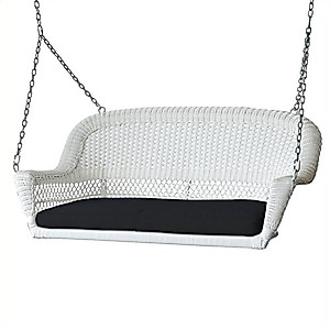 Jeco Wicker Porch Swing in White with Black Cushion