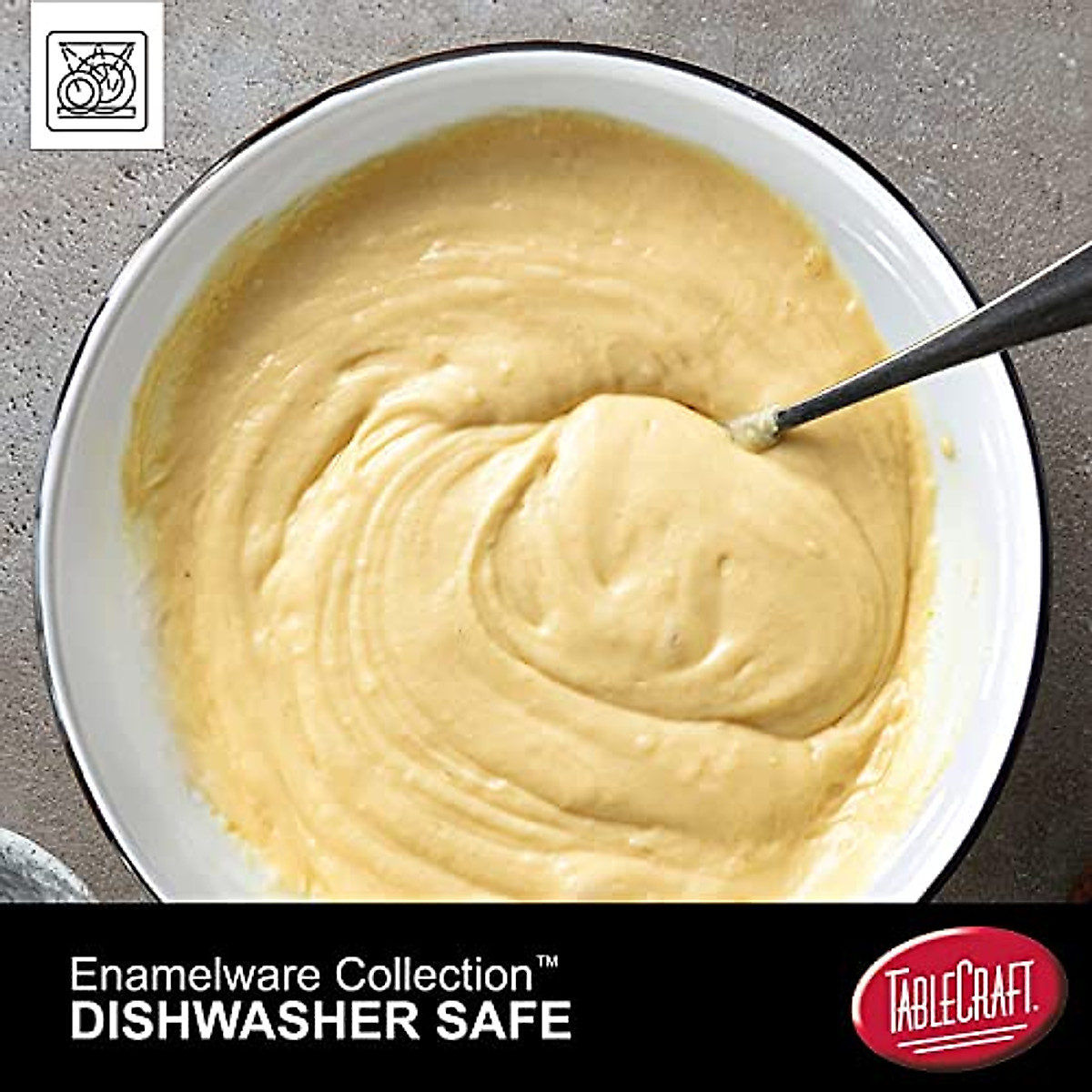 TableCraft Products Enamelware Collection Black Rim Solid White Enamel Deep Bowl Baking Pan, Camping, Farmhouse, Porcelain Over Steel, Vintage, Boho, Retro, 10.13" Round, 3.6" Deep, Set of 4 (80017)