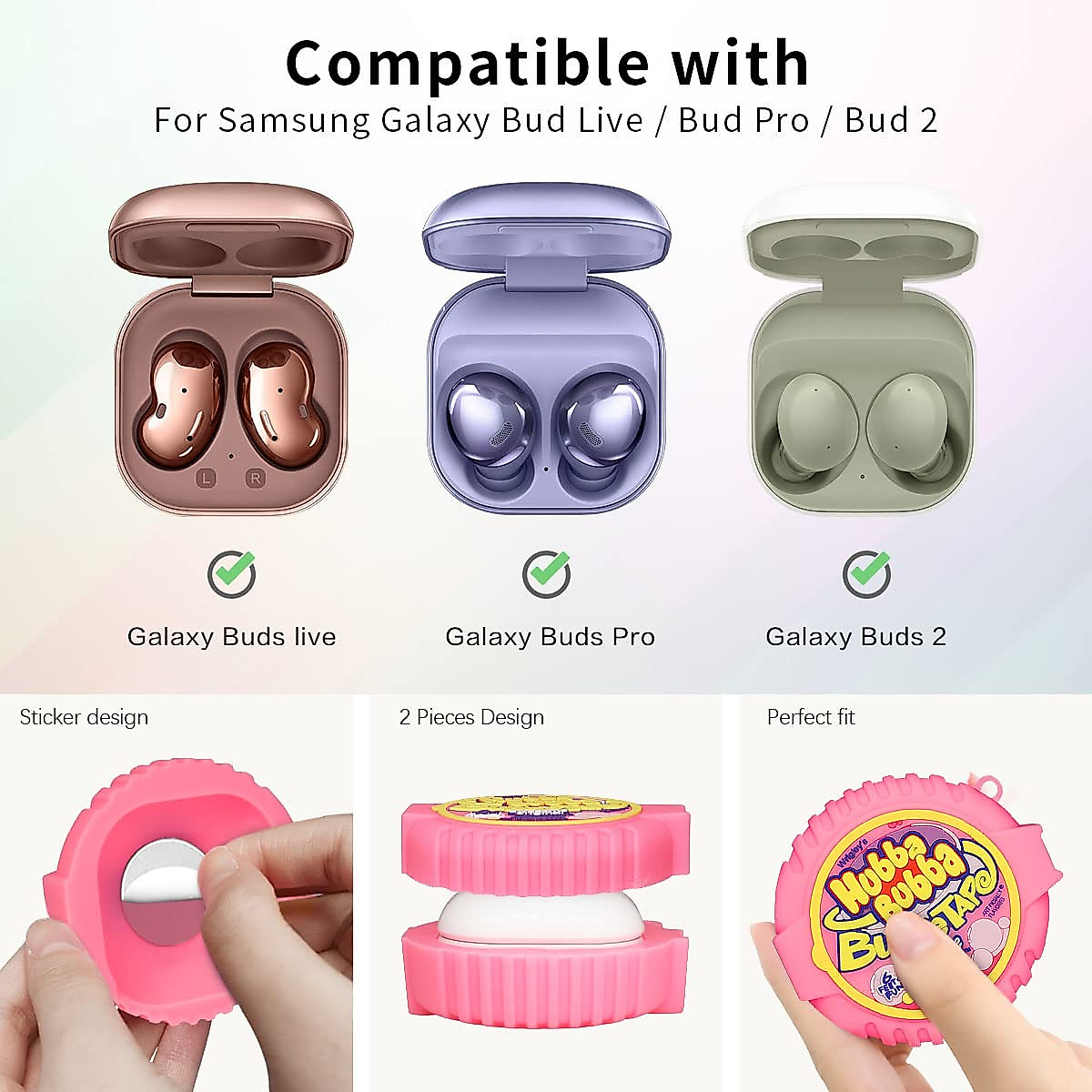 [2Pcs] Cute Case for Galaxy Buds Live Case 2020/Galaxy Buds Pro Case/Galaxy Buds 2 Case 2021, Cute 3D Fun Fashion Food Design Silicone Protective Skin for Girl Boys(Bubble Gum+Purple Potato Chips)