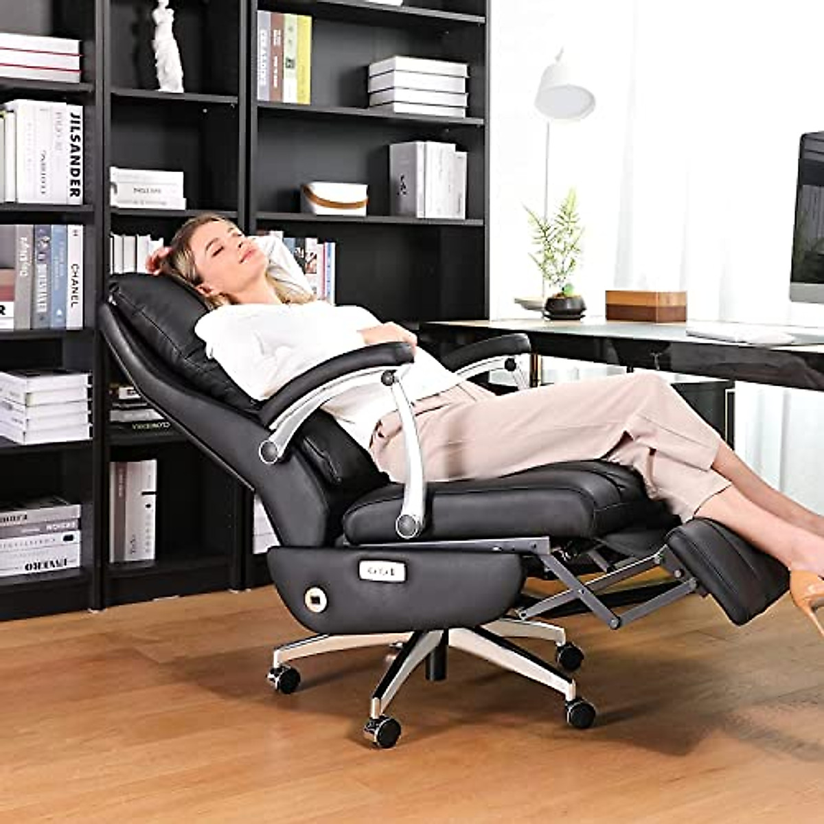 LEAGOO Automatic Executive Office Chair High-Back Electric Reclining Office Chair with Footrest, Ergonomic Computer Desk Chairs with Wheels and Linkage Arms Swivel Rolling Chair with Genuine Leather