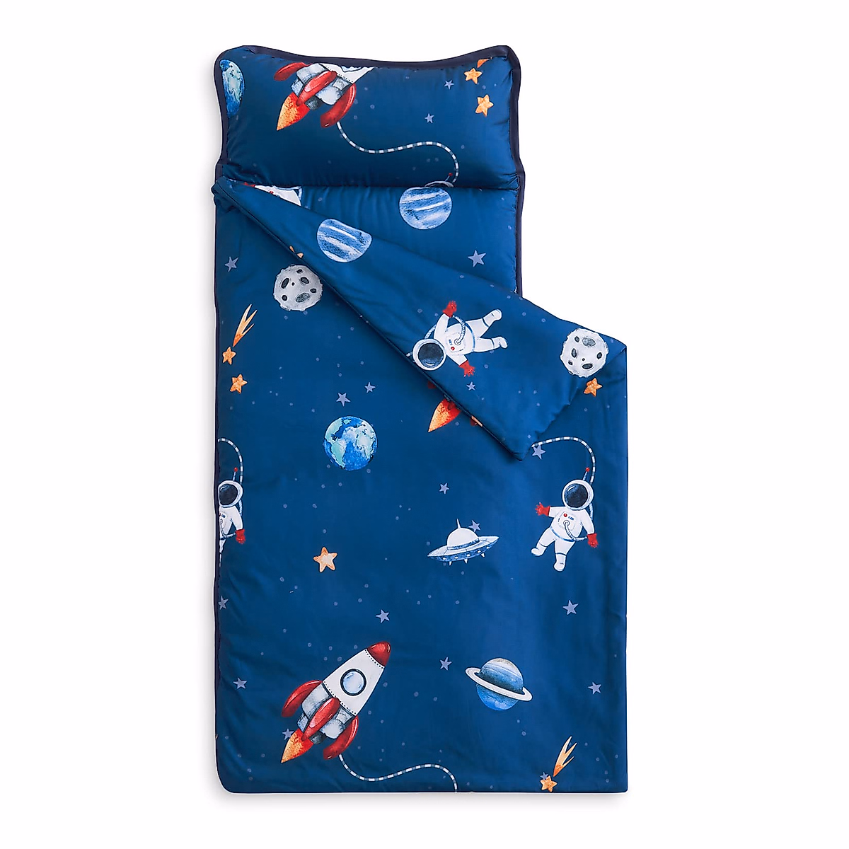 Wake In Cloud - Nap Mat with Removable Pillow for Kids Toddler Boys Girls Daycare Preschool Kindergarten Sleeping Bag, Rockets Space Planet Astronauts on Navy Blue, 100% Soft Microfiber