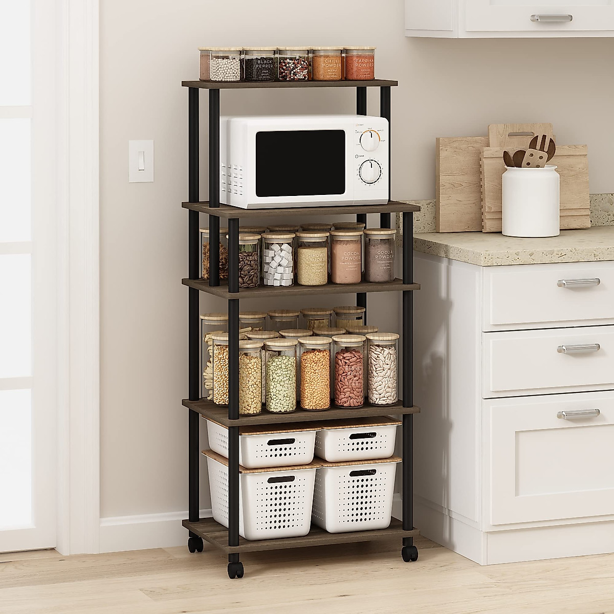 Furinno Turn-N-Tube 5-Tier Toolless Kitchen Storage Cart with Lockable Wheels, Columbia Walnut/Black