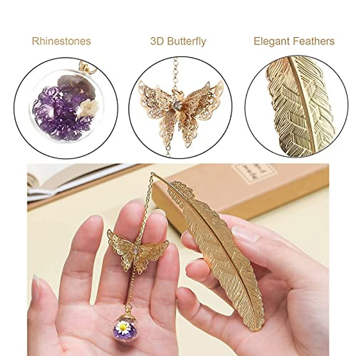 Feather Metal Bookmark Vintage Gift: Creative Book Mark with Butterfly Eternal Flower Crystal Pendant for Teachers Students Friends Lover Readers Kids Girls Women
