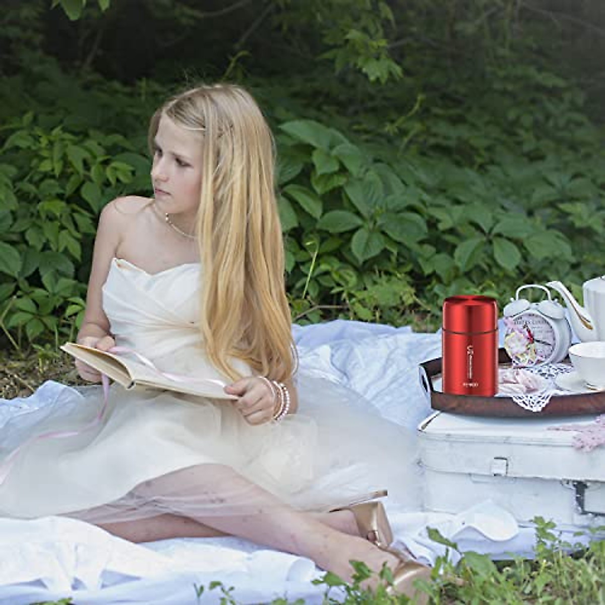 FEWOO Food Jar - 27oz Vacuum Insulated Stainless Steel Lunch Thermos, Leak Proof Soup Containers with bag for Hot or Cold Food (Red)