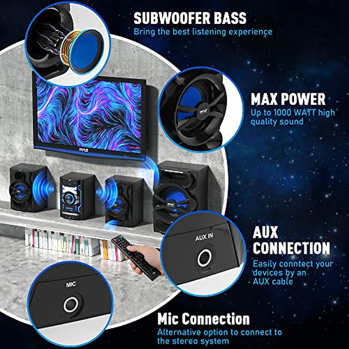 3-Piece Wireless Bluetooth Stereo System - 1000 Watt DVD Shelf System for Home with DVD Player, MP3, USB, FM Radio, Bass Reflex Speaker, and Remote Control, Compact & Portable - PHSKR14