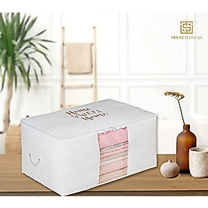 STUFF & THINGS 2 Pack PVC Storage Bags for Bedroom, Clothes and Blanket Organizer, Double Zipper Organization Bag, Foldable Fabric Boxes Laundry Room, Large Capacity Comforter Bag (2 White)