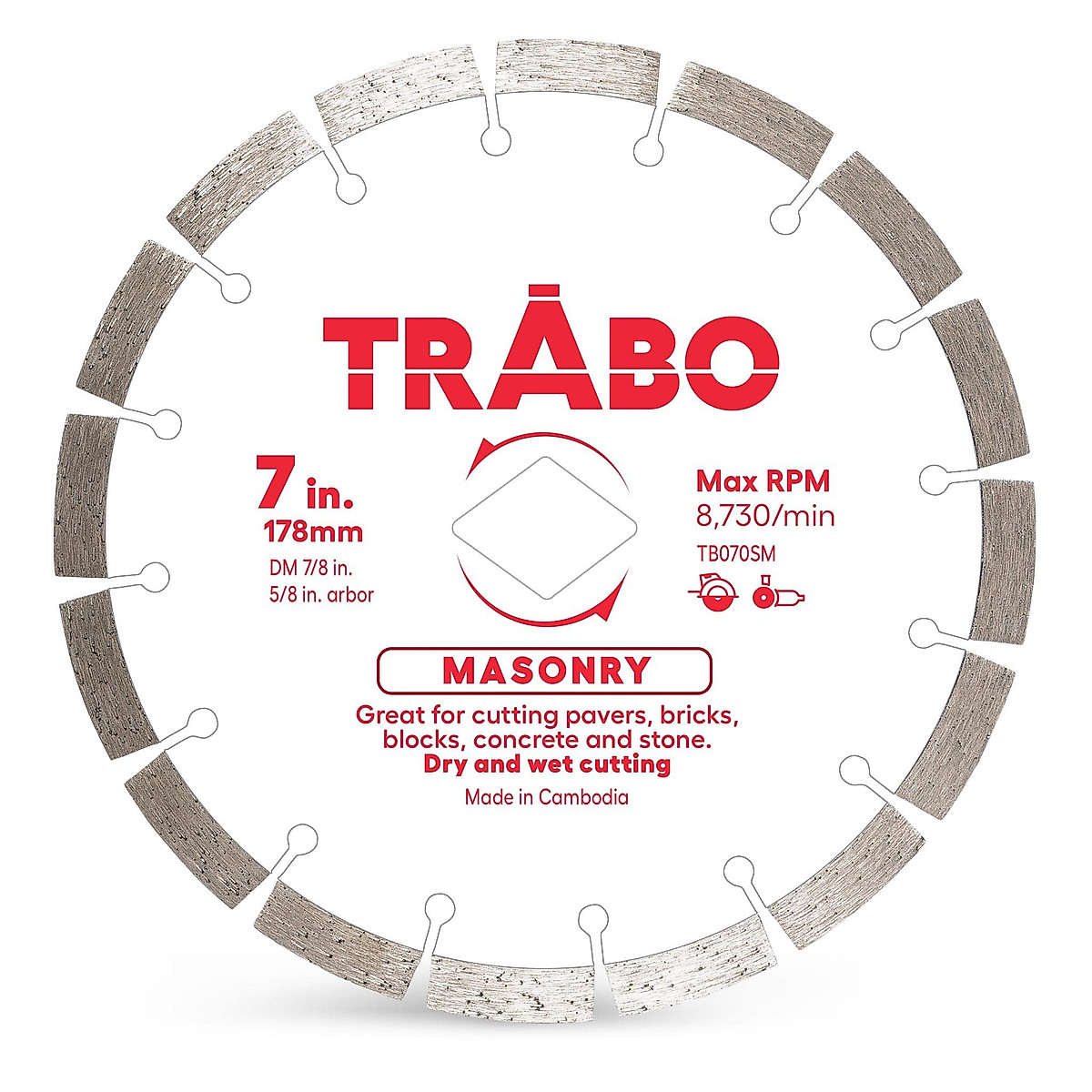 Trabo 7 Inch Masonry Segmented Rim Diamond Bond Blade for Cutting Cement, Pavers, Concrete with Rebar, Natural Stone and More, with 7/8 Inch Arbor with 5/8 Inch Reducer Ring