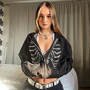 Fernvia Women Zip Up Hoodie Rhinestone Skeleton Goth Clothes Vintage Oversized Sweatshirt Print Jacket Streetwear Coat