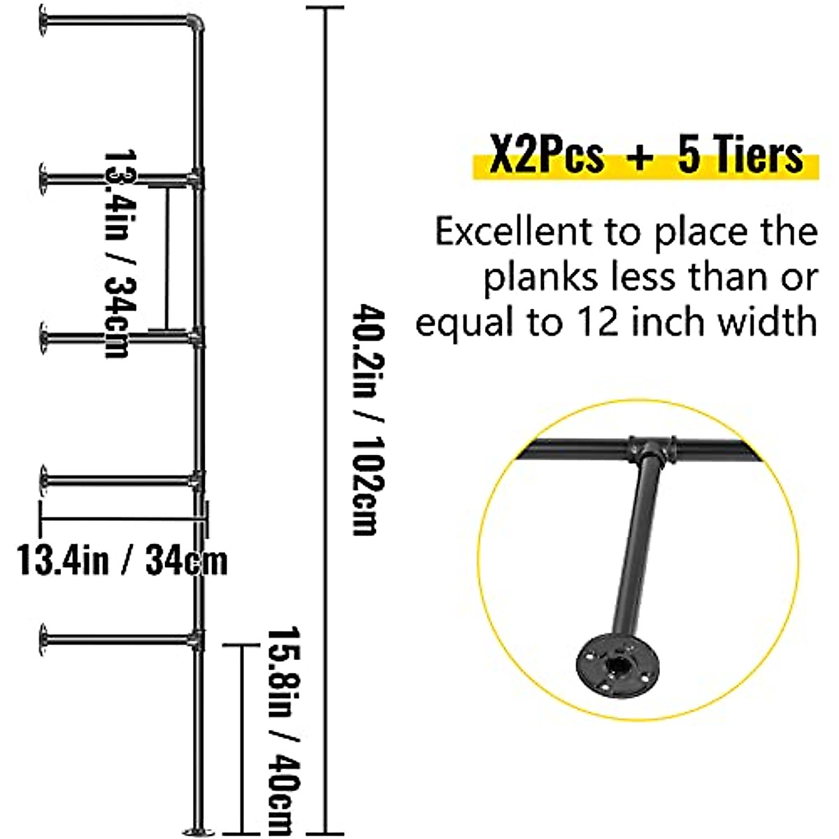 VEVOR Industrial Pipe Shelves 5-Tier Wall Mount Iron Pipe Shelves 2 PCS Pipe Shelving Vintage Black DIY Pipe Bookshelf Each Holds 44lbs Open Kitchen Shelving for Bedroom & Living Room W/Accessories