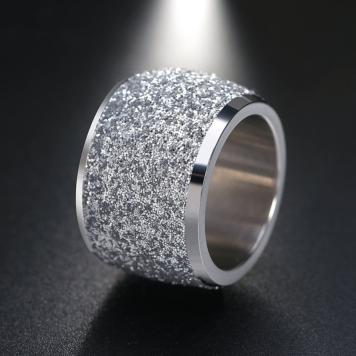 INRENG Women's Stainless Steel Ring Shiny Sequins Pave Sandblast Wide Wedding Band Silver Size 9