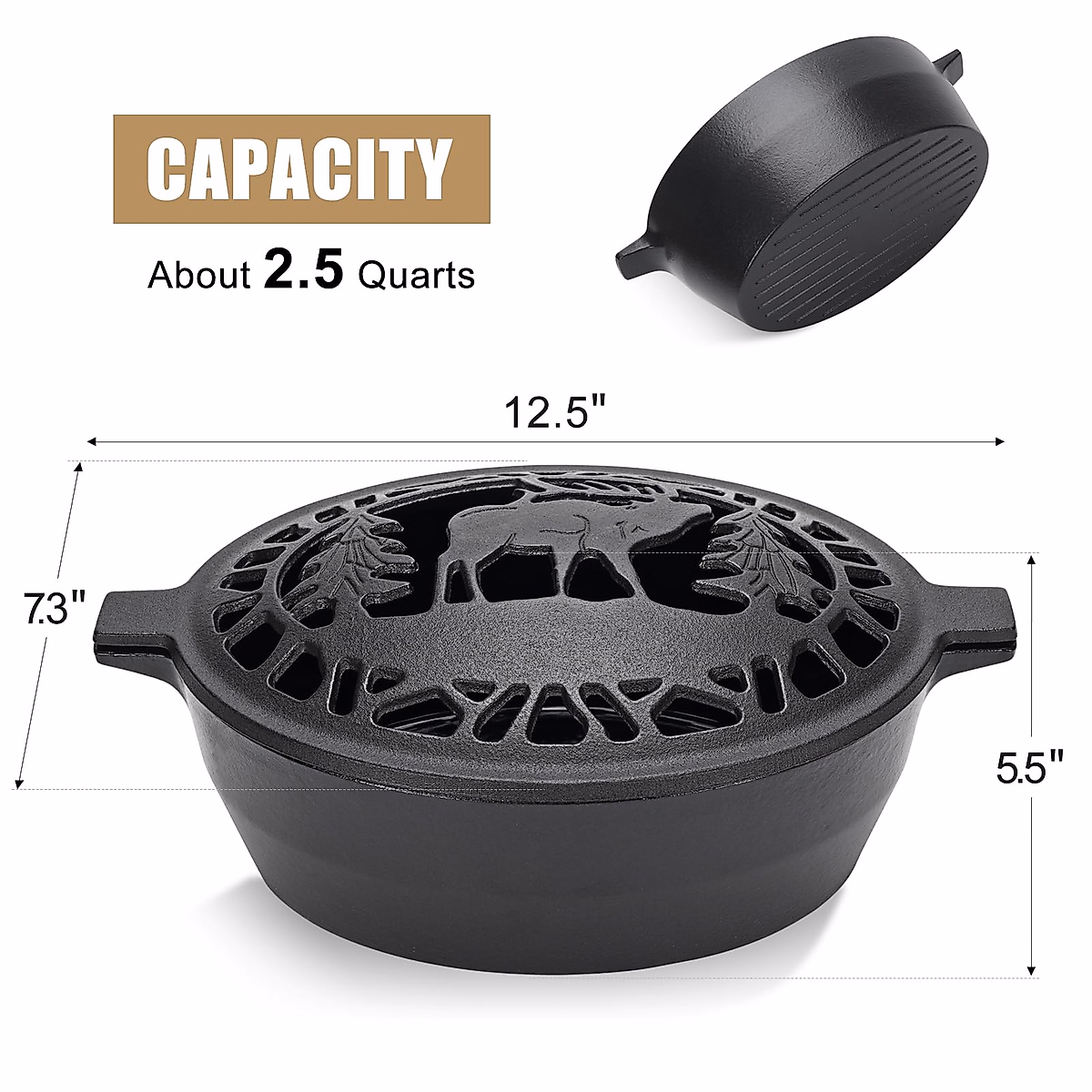 MYFIREPLACEDIRECT Wood Stove Steamer 2.5 Quart, Wood Stove Humidifier with Decorative Deer Pattern, Cast Iron Steamer for Wood Stove Rust Resistant Matte Black