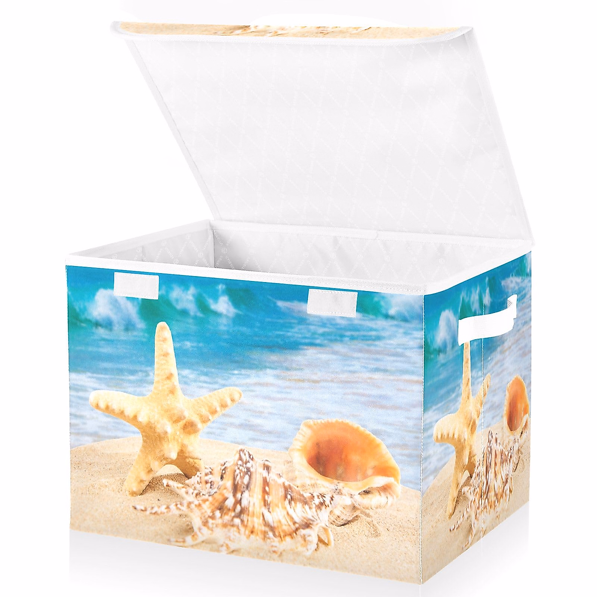 DIGTIA Storage Bins with Lids Shell Starfish Beach Foldable Storage Boxes with Handles Sea Wave Seaside Large Storage Basket Collapsible Organizer Containers for Closet Home Bedroom Office