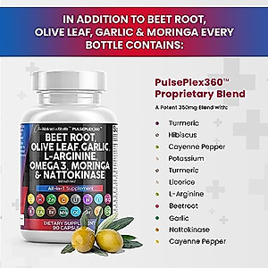 Beet Root Capsules 6000mg Olive Leaf 6000mg Nattokinase 4000 FU Garlic Extract 2000mg L-Arginine 400mg Omega 3 Red Yeast Rice Hibiscus Danshen - Healthy Support Supplement - 90 Ct