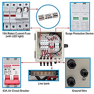 TWTADE Metal Solar Combiner Box,4 String PV Combiner Box with LED 15A Rated Current Fuse and 63A Air Circuit Breaker & Surge Protective Device,for On/Off Grid Solar Panel System