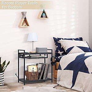 SEHERTIWY Record Player Stand with Vinyl Storage, Black Turntable Stand with Charging Station, Record Player Holder with Detachable Wheels