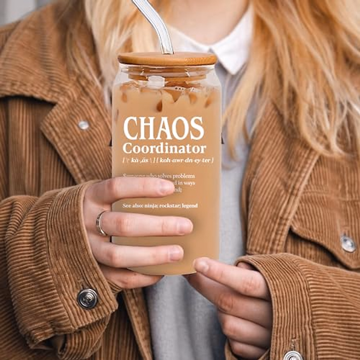 Chaos Coordinator Gifts - 16 oz iced coffee glass cup with bamboo lid and straw - Thank You Gifts for Coworker, Boss Lady Gifts for Women, Birthday Gifts for Manager, office, Teacher, Mom, Her, Nurse