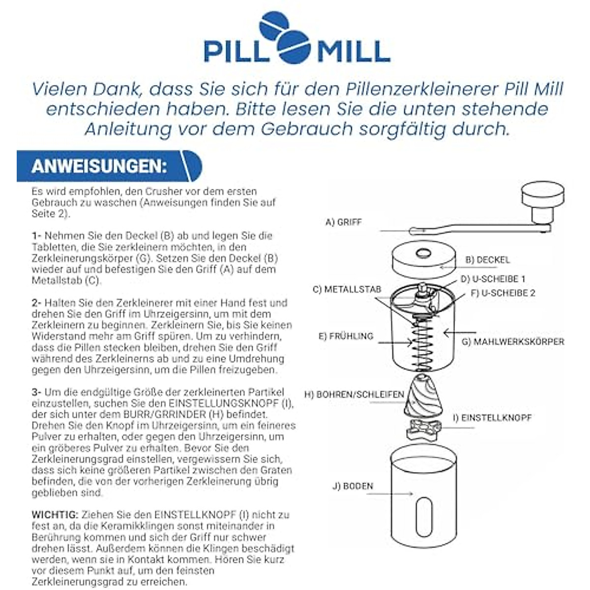 Pill Mill Pill Crusher - Crushes Multiple Tablets to a Fine Powder - Metal Pill Grinder - Tablet Pulverizer Suitable for Travel - Great Feeding Tube use and Pets