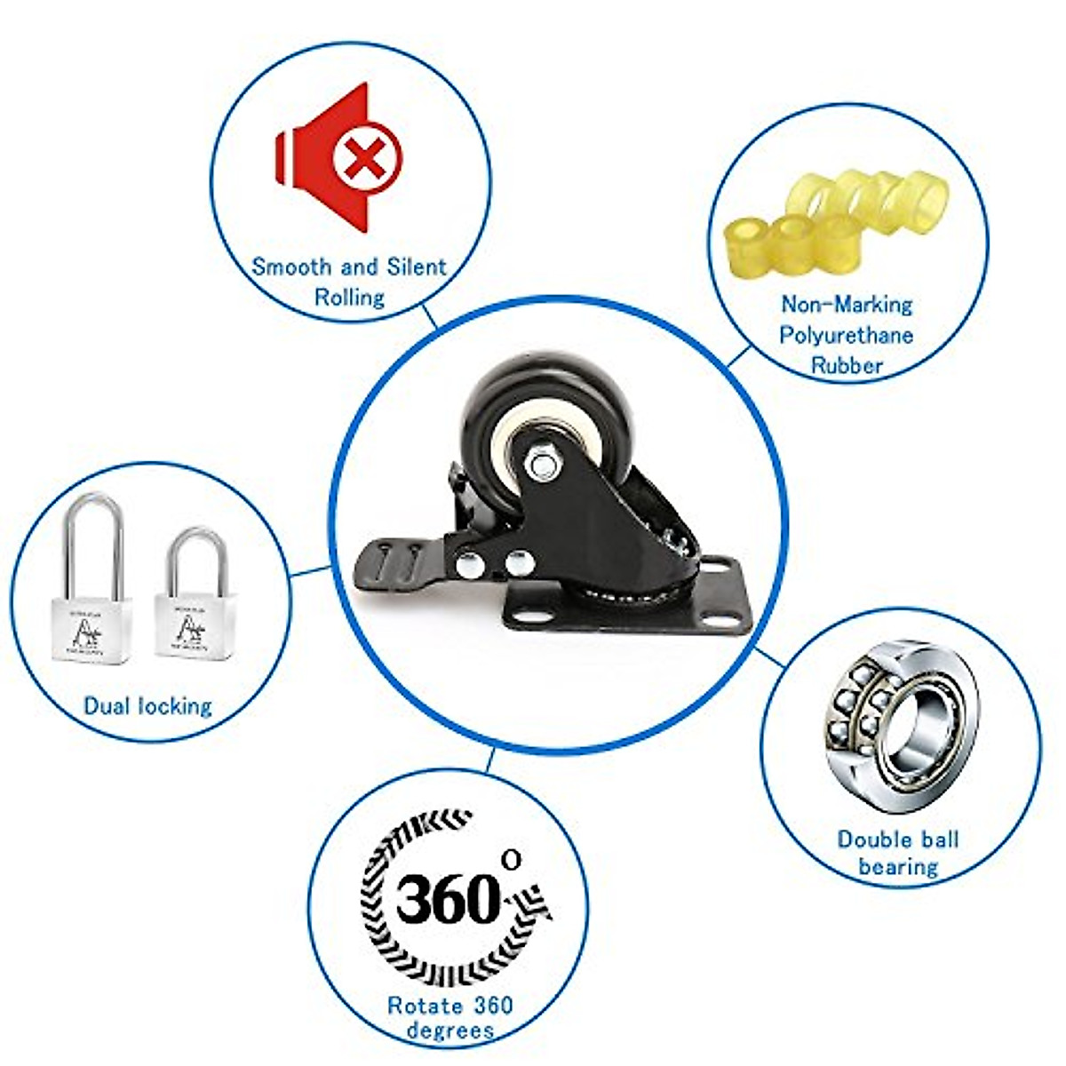 2" Swivel Caster Wheels with Safety Dual Locking and Polyurethane Foam No Noise Wheels, Heavy Duty - 150 Lbs Per Caster (Pack of 4)
