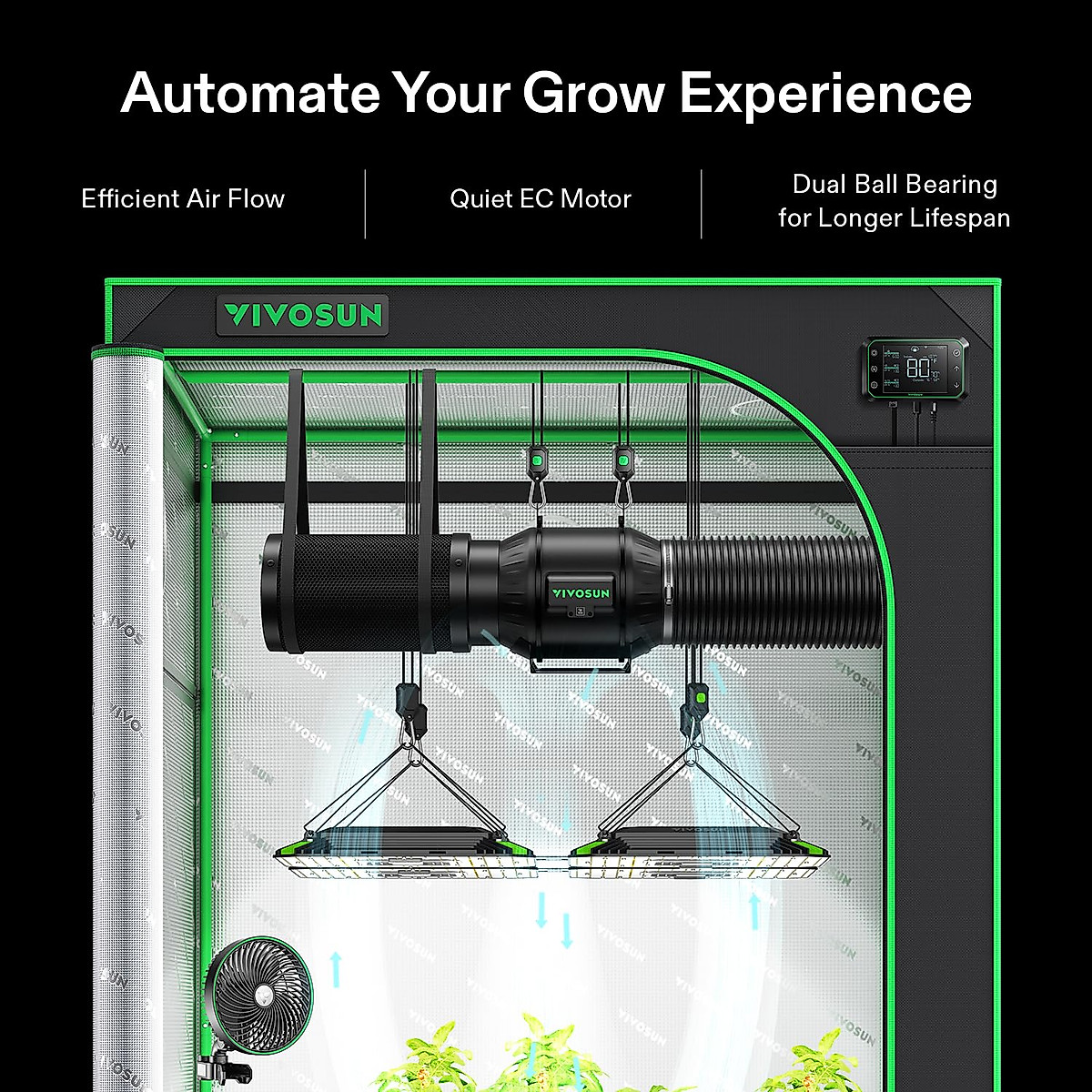 VIVOSUN AeroZesh T6 Inline Duct Fan, Quiet 6" 408 CFM Ventilation Exhaust Fan w/EC Motor and GrowHub E42A Temperature Humidity WiFi-Controller