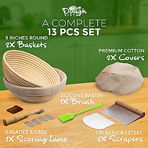 Banneton Bread Proofing Basket, 11 Pc Sourdough Starter Kit, 1 x Round 9 Inch Basket, Lame, Blades, Scrappers, Cotton Cover, Silicone Brush, & More - Sourdough Bread Baking Starter Kit (13)