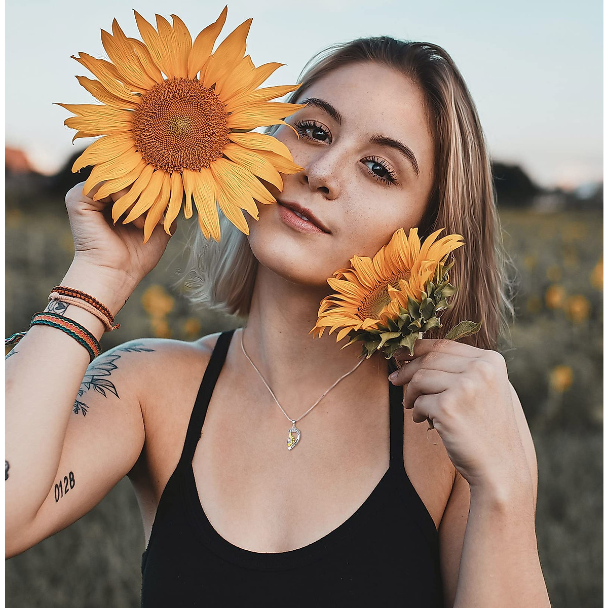 CUSUA Mother Daughter Necklace 925 Sterling Silver Sunflower Heart Matching Pendant Necklace Set for 2 | Mothers Day Gifts From Daughter Unique