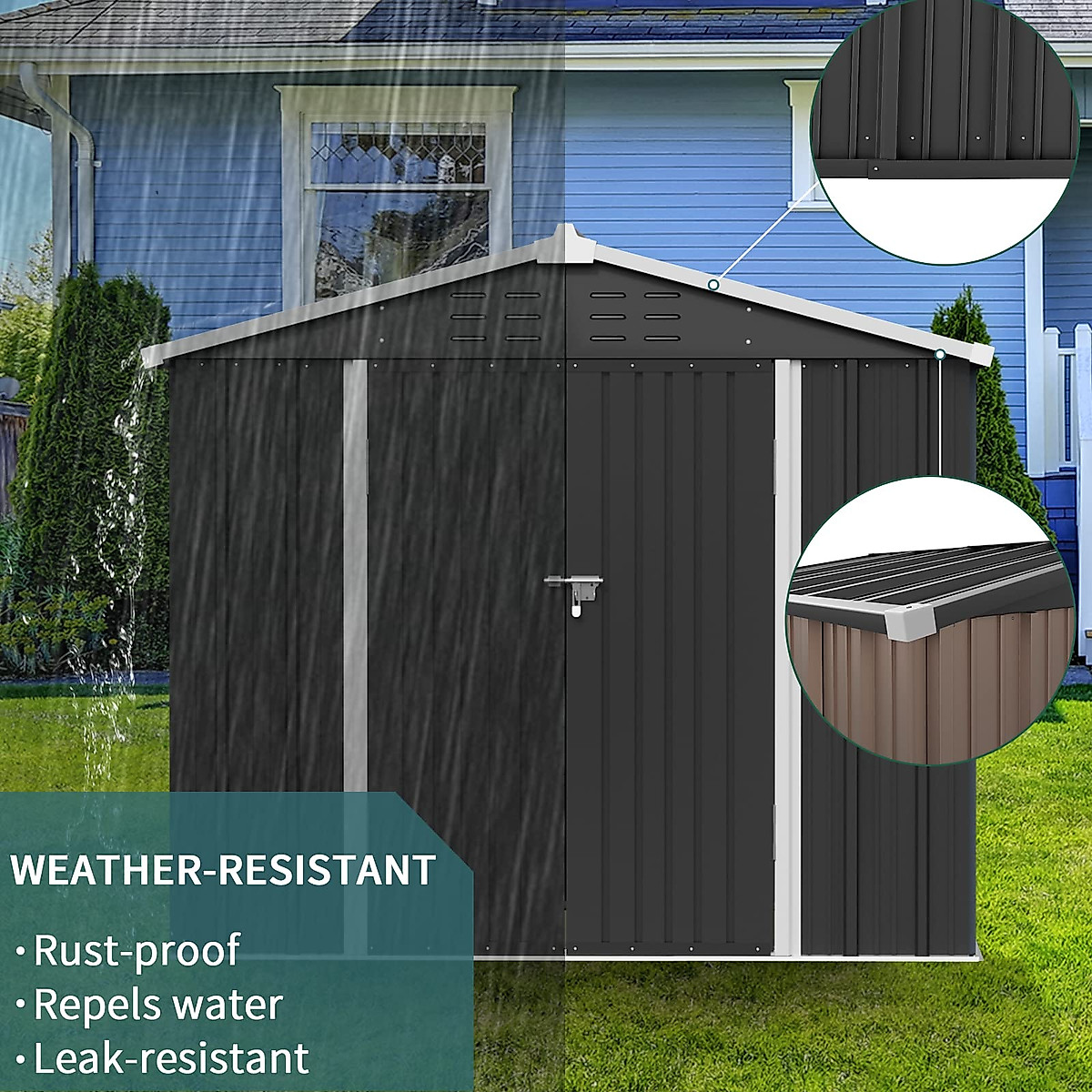 Outdoor Storage Shed, Amopatio Heavy Duty Galvanized Metal Garden Shed Backyard Storage Shed Outside Tool Storage Shed House (8' x 6', Black)