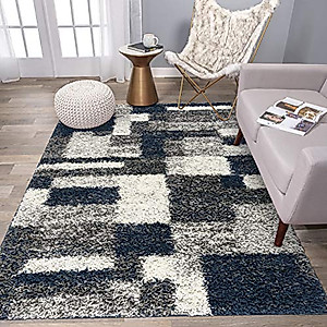 Rugshop Distressed Modern Boxes Plush Shag Area Rug 7'10" x 10' Navy