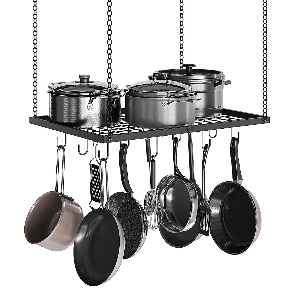 CHOEZON Hanging Pot Rack, Ceiling Mounted Pot Hanger for Kitchen, Metal Cookware Storage Organizer with 12 Hooks, for Storage of Cookware, Utensils in Kitchen, 23.7" L, Black TPR03BB