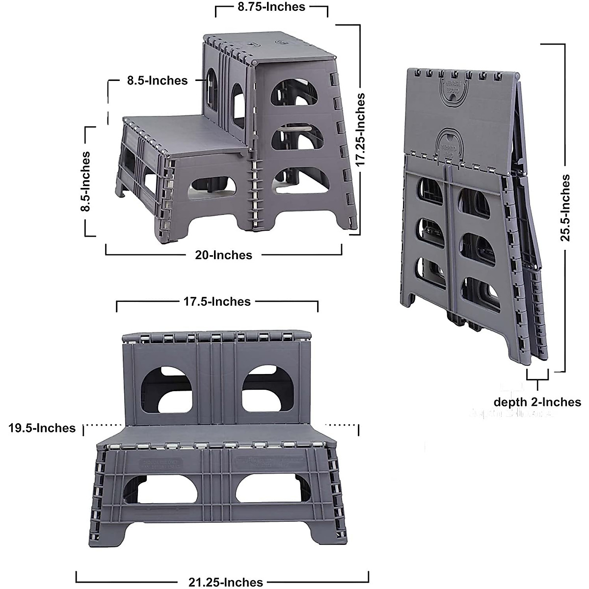 Bee Neat Folding 2 Step Stool for Adults - Collapsible & Foldable Step Ladder for Office, Garage, Closet, Bathroom - Non-Slip & Wide Stepping Stool Supports 300lbs - Industrial - Gray