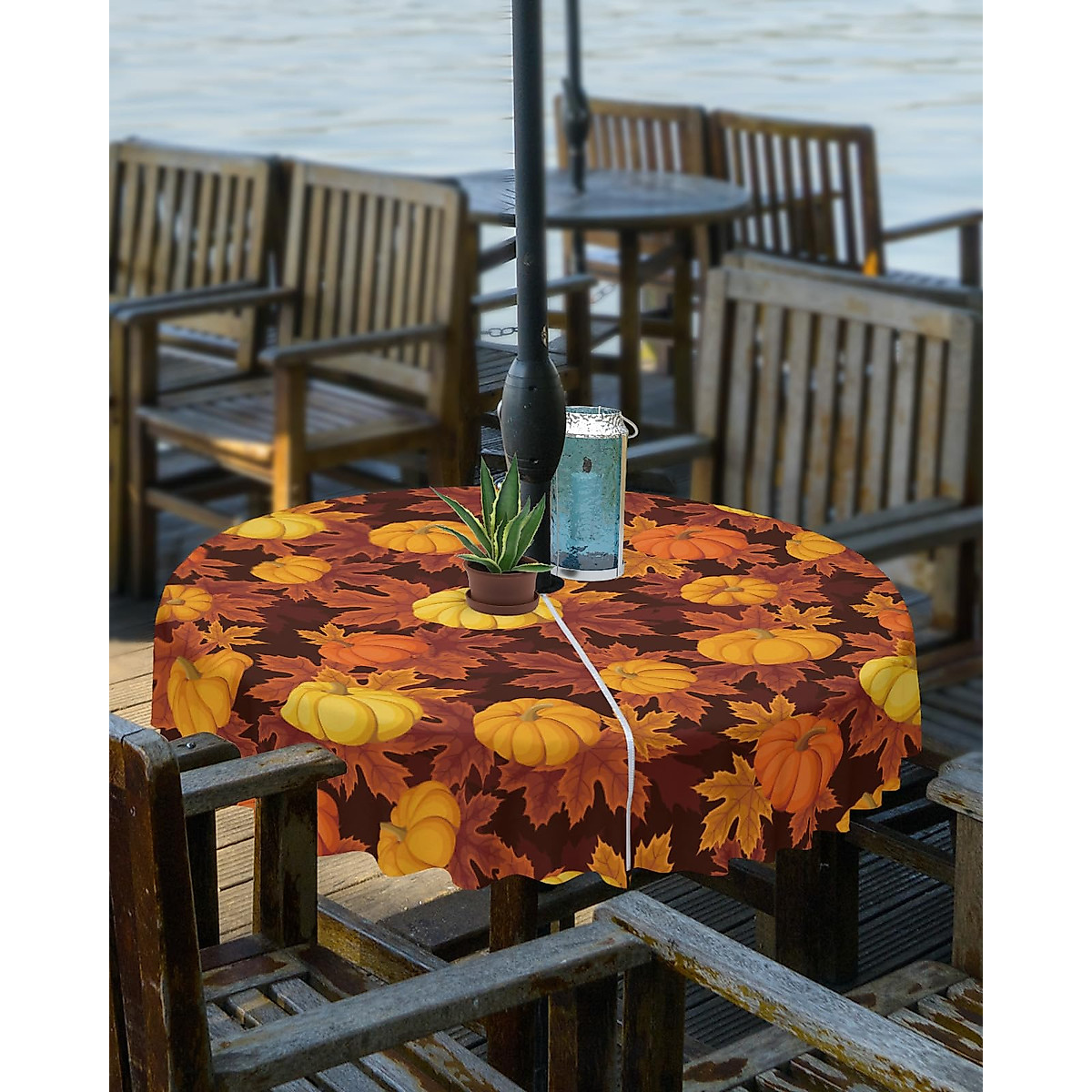 Thanksgiving Outdoor Tablecloths with Umbrella Hole and Zipper, Fall Pumpkin Maple Leaves Orange Yellow Brown Waterproof/Stain Resistant Round Table Cloth 54'' Patio Table Cover for Picnic/Party