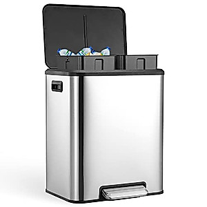 GlowSol Dual Trash Can for Recycling and Trash, 2 x 4 Gallon (30L) Stainless Steel Kitchen Trash Can with Lid and Foot Pedal, Double Compartment Garbage Can, Trash Can with Recycling Bin