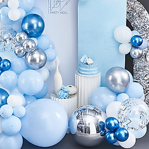 PartyWoo Blue Balloon Garland Kit, 140 pcs Blue and White Balloon Arch Kit, 4D Silver Balloons, Metallic Balloons, Confetti Balloons for Baby Shower Decorations, Birthday Decorations, Baptism