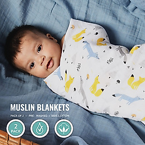 Featherhead™ 4-Pack 100% Cotton Muslin Swaddle Blankets for Baby Boy - Large 47”x 47” - Pre-Washed, Soft, & Breathable - Newborn Essential & Perfect Baby Registry Gift (Blue Foxes)