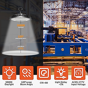 SHINEWOO LED High Bay Light 150W 21,000lm 5000K Daylight 600W MH/HPS Equivalent with US Plug 5’ Cable Waterproof UFO Commercial Warehouse Workshop Garage Factory Area Lighting Fixture, 2 Pack