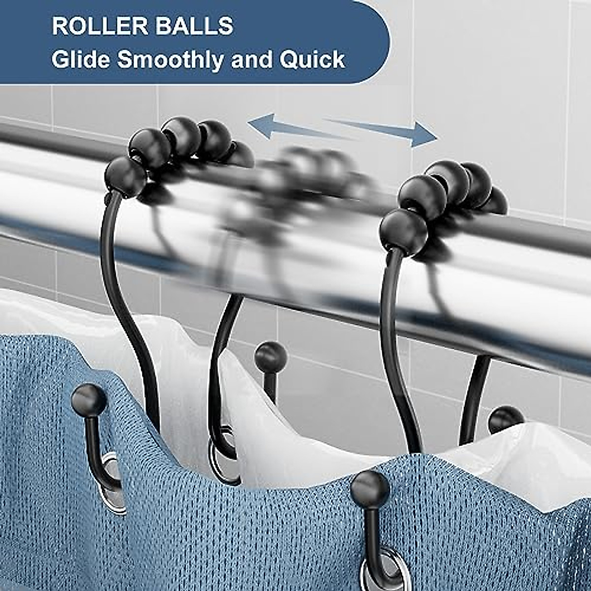 BBLHOME Shower Curtain Hooks, Shower Curtain Rings Rust Proof Metal Smooth Glide Double Shower Curtain Hooks for Bathroom Shower Curtains Rod, Kitchen Utensils,Towels, Set of 12,Black