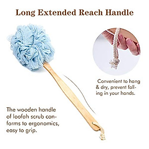 Shower Loofah, Bath Sponge Set Includes 1 Long Handled Back Scrubber & 1 Shower Brush for Women & Men Body, Exfoliating Scrubber Brush for Spa Washing, Blue & Pink