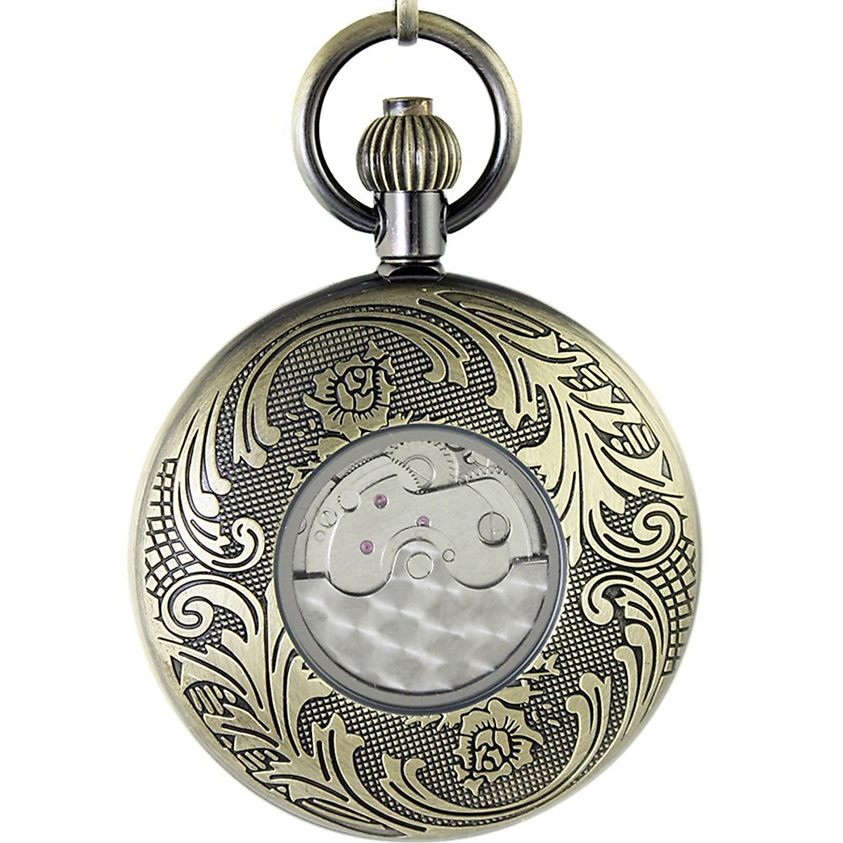 OGLE Waterproof Bronze Black Tourbillon Phases Moon Chain Fob Skeleton Automatic Mechanical Pocket Watch