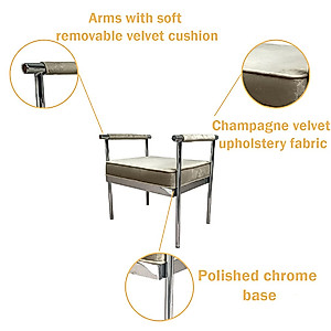 First of a Kind Modern champagne Seating Bench with arms, Modern Style Velvet upholstered Entry Way champagne Bench with Silver Frame, Seating Bench for Living Room, entryway, Bedroom, Vanity, Office.