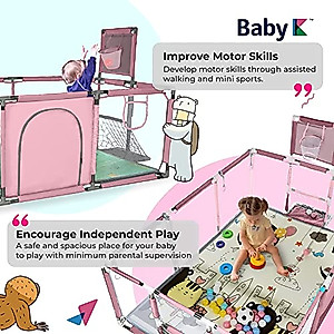 BABY K Baby Playpen with Mat (Pink 71"×47"×26") - Baby Ball Pit Playpen for Babies & Toddlers with Basketball Hoop & Soccer Net - Gated Playyard for Babies and Toddlers for Indoor Or Outdoor
