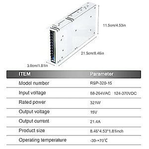 TorqCali RSP-320-15 320W Single Output Power Supply 15V 21.3A Constant Current with PFC, 88-264VAC Input, for Industrial Automation, Test Systems, and Battery Charging