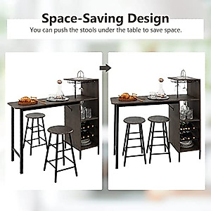 GOFLAME Bar Table and Chairs Set for 2, Counter Height Dining Table Set with Shelves, Cup Holder & Wine Rack, Breakfast Table & Chair Set, 3-Piece Pub Table Set for Kitchen, Dining Room