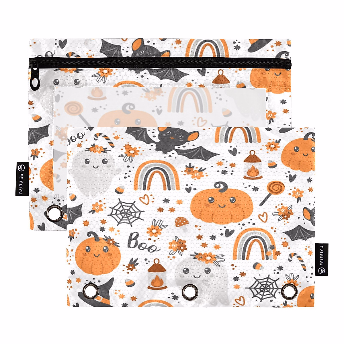 MCHIVER Halloween Ghost Pumpkins Bat Pencil Pouch for 3 Ring Binder Pencil Case with Zipper Clear Window Binder Bag for Office Daily Supplies 2 Pack