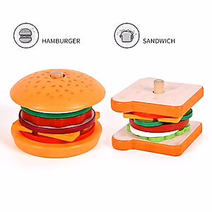eamve Montessori Toys for Toddlers,Wooden Burger Sandwich Sorting & Stacking Toys for Toddlers and Kids Preschool,Burger Sandwitch Wooden Preschool Educational Toys for Gift 3,4,5 Years Old(2 Sets)