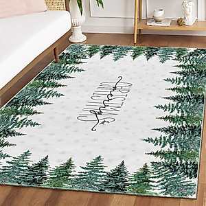 Artoid Mode Green Pine Tree Merry Christmas Area Rug, Xmas Winter Home Decor Low-Profile Washable Area Rugs for Entryway Bedroom Living Room Laundry Room Indoor 5x7 Feet