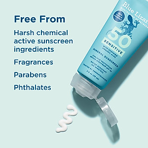 Blue Lizard SENSITIVE Mineral Sunscreen with Zinc Oxide, SPF 50+, Water Resistant, UVA/UVB Protection with Smart Cap Technology - Fragrance Free, 3 oz. Tube