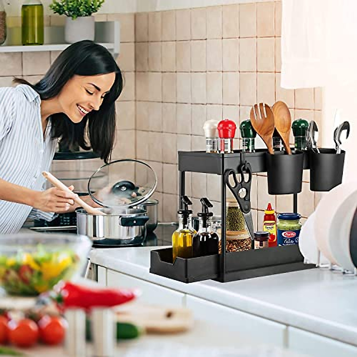 Wohingo 2-Tier Under Kitchen Sink Organizer, Sliding Under Bathroom Cabinet Storage Drawer Organizer with Hooks & Hanging Cup, Multi-Purpose Under Sink Shelf Organizer, 3 Pack