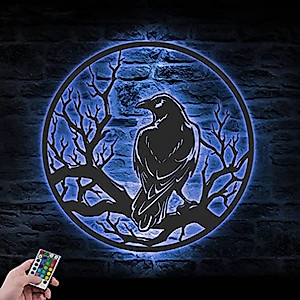 Raven Metal Wall Art with LED Light Crow Moon Sign Home Decor Black Horror Bird Decoration Man Cave Hanging Door Housewarming Halloween