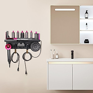 Fippkargo Wall Mount Holder Compatible with Dyson Airwrap Supersonic Hair Dryer, Rack with Hooks for Accessories, 2 in 1 Organizer for Storage Attachments Wide-Tooth Comb Diffuser Nozzle Curling Iron